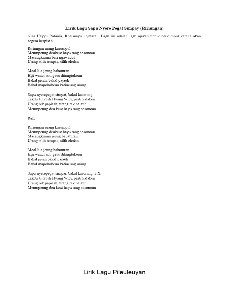 Lirik Lagu Sapu Nyere Pegat Simpay | PDF