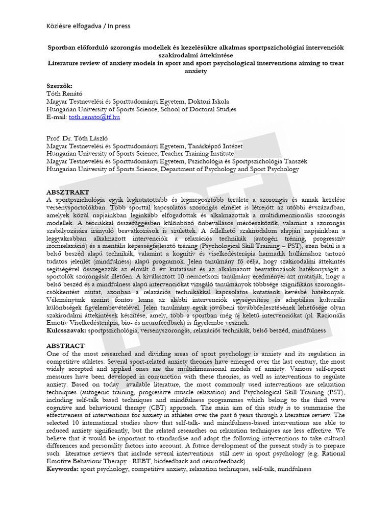 Tóth R. Tóth L. - Sportban Előforduló Szorongás Modellek És Kezelésükre Alkalmas ...