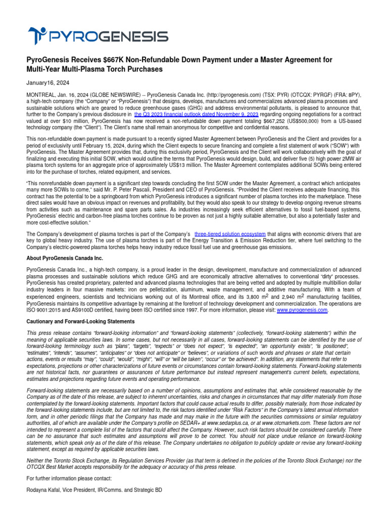 PyroGenesis Secures $667K Plasma Torch Deal | PDF | Risk