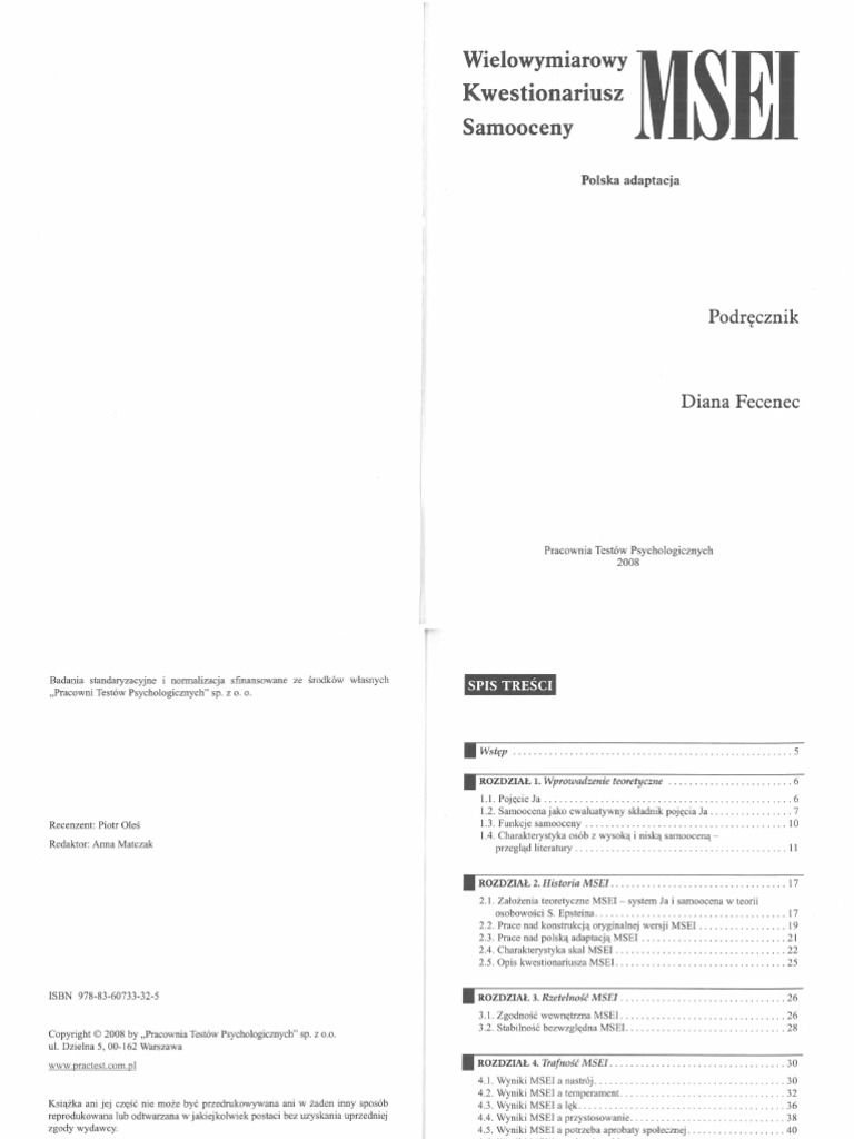 Msei Wielowymiarowy Kwestionariusz Samooceny Podrecznik Diana Fecenec | PDF