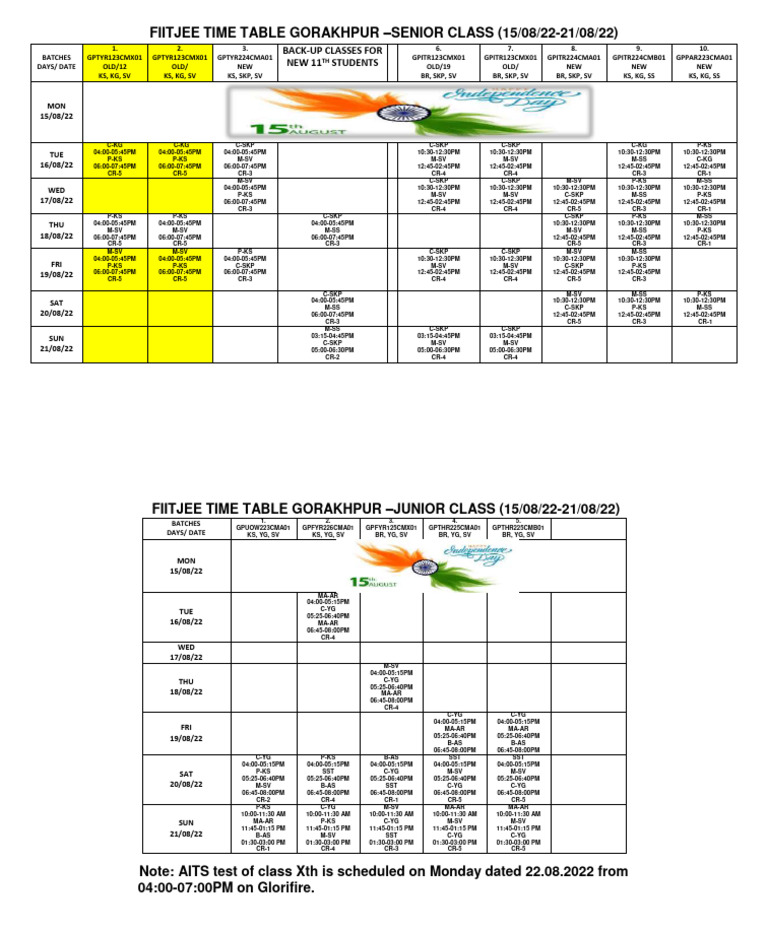 Fiitjee Time Table Gorakhpur - SENIOR CLASS (15/08/22-21/08/22) | PDF