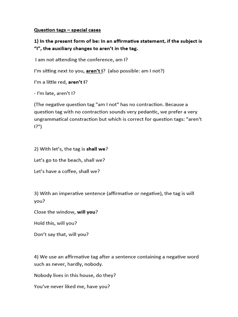 Question Tags - Special Cases | PDF | Question | Linguistics
