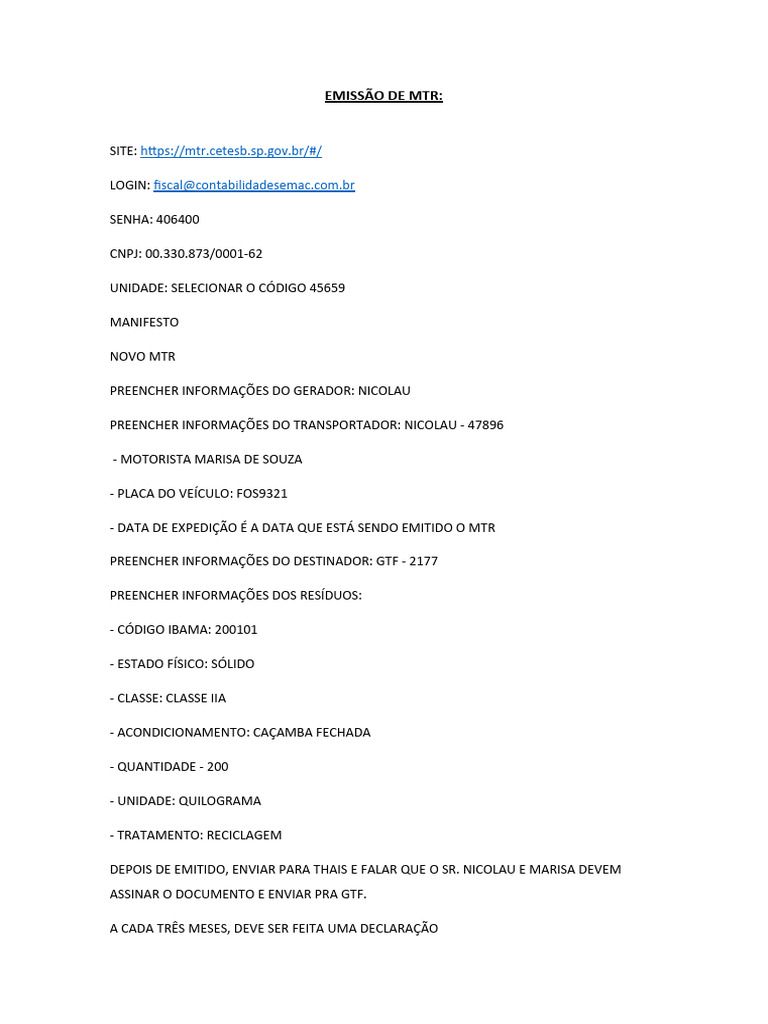 Emissão de MTR | PDF