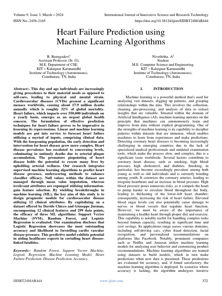 Heart Failure Prediction Using Machine Learning Algorithms | PDF | Machine Learning | Support ...