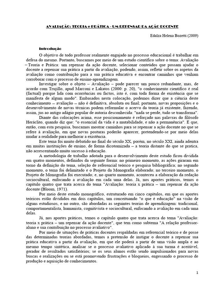 Avaliação - Teoria e Pratica - Um Repensar Da Ação Docente | PDF ...