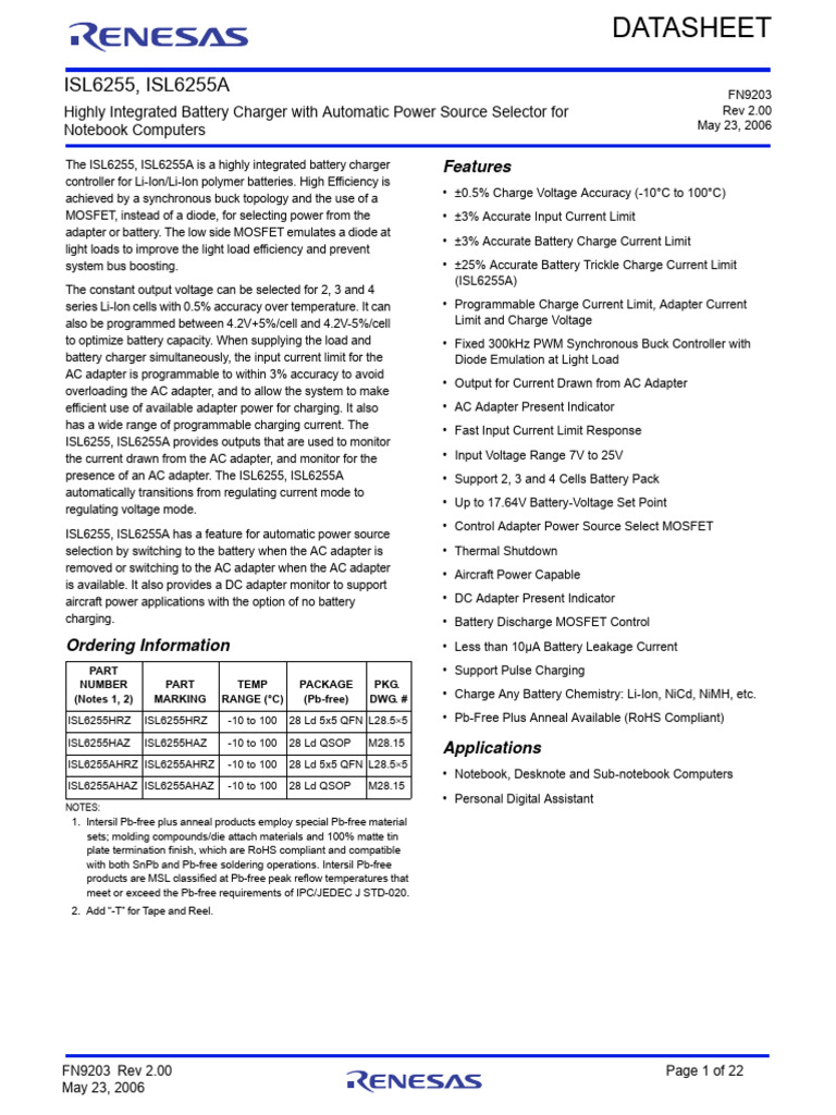 ISL6255 Renesas | PDF | Battery Charger | Lithium Ion Battery