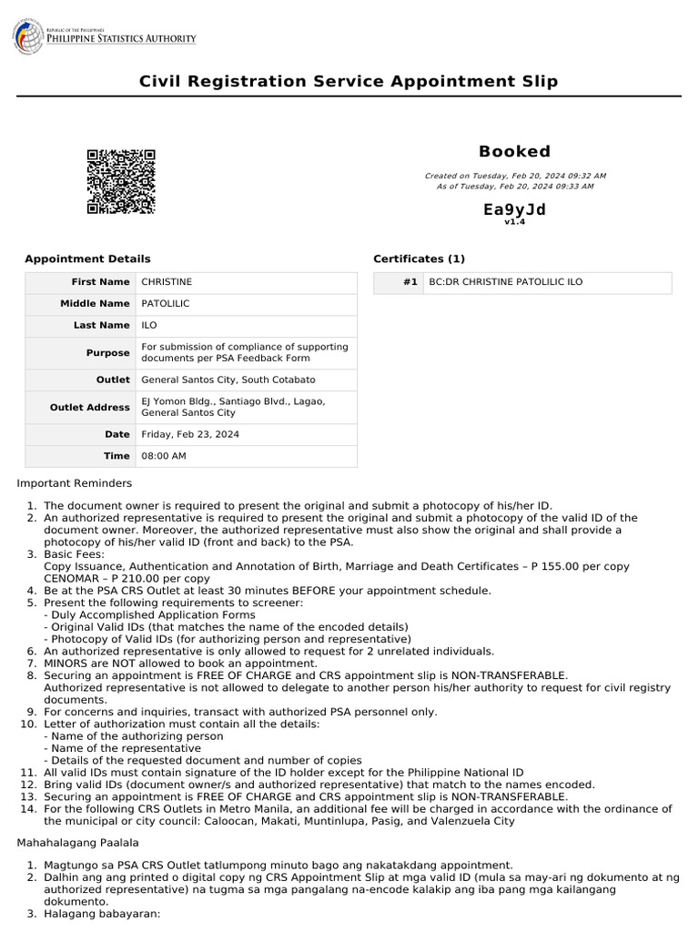 Civil Registration Service Appointment Slip | PDF