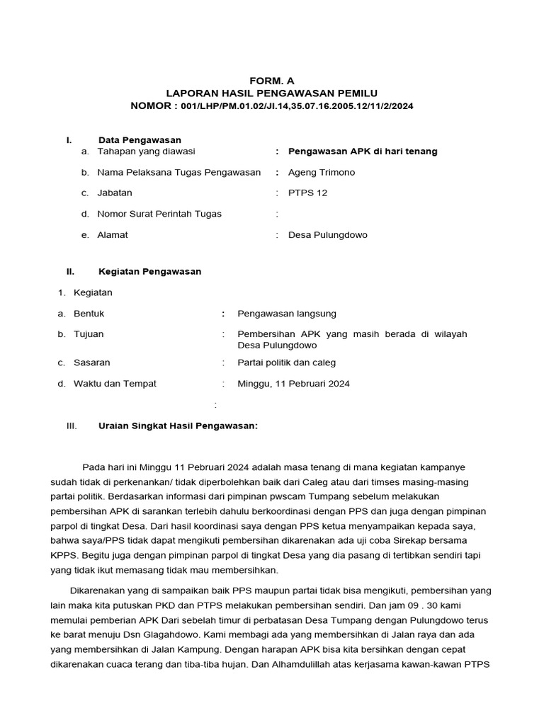 PENERTIBAN APK Form A Hari Tenang 11 Pebruari 2024 | PDF