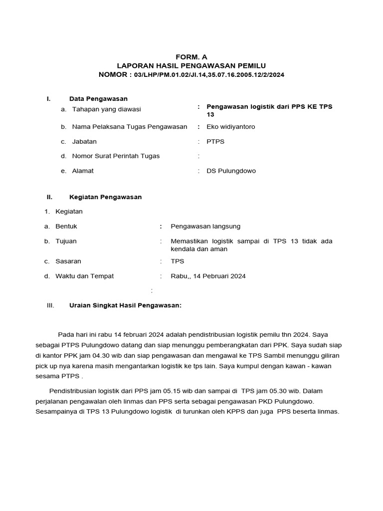 Pengawasan Logistik Form A 12 Pebruari 2024 | PDF