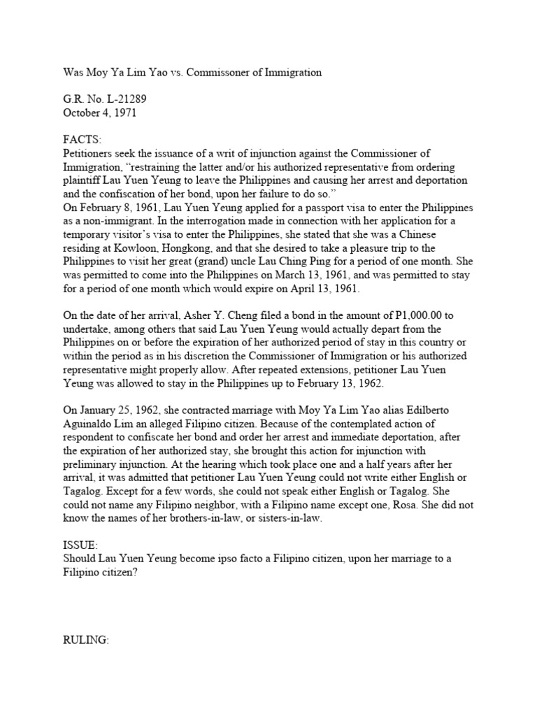 Moy Ya Lim Yao vs. Commissoner of Immigration | PDF | Naturalization ...