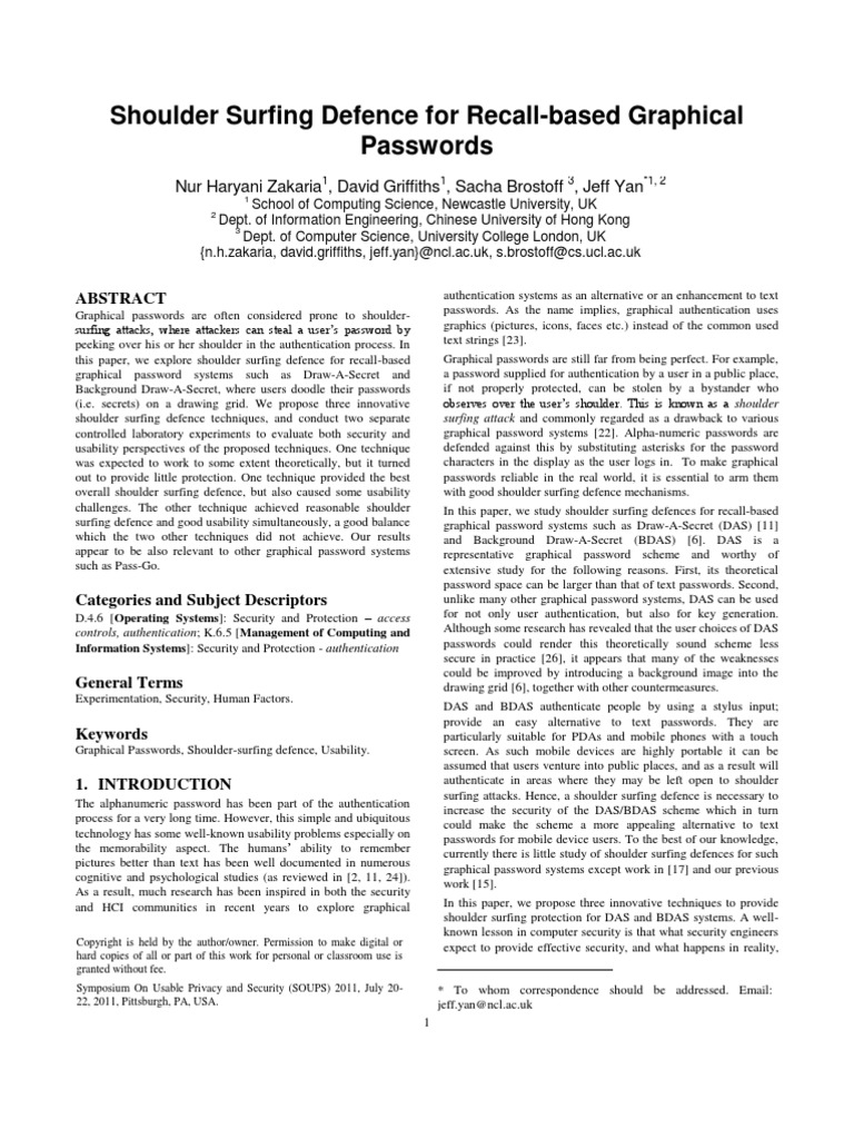 Shoulder Surfing Defence For Recall-Based Graphical Passwords | PDF ...