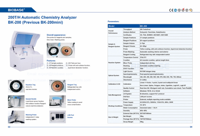 Biobase BK 200 Analizador de Bioquimica Automatizado Ficha Tecnica en | PDF