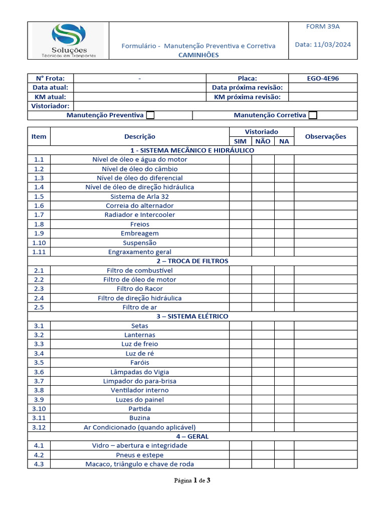 FORM 39A - Manutenção Caminhões - 29.04.2021 | PDF | Veículos ...