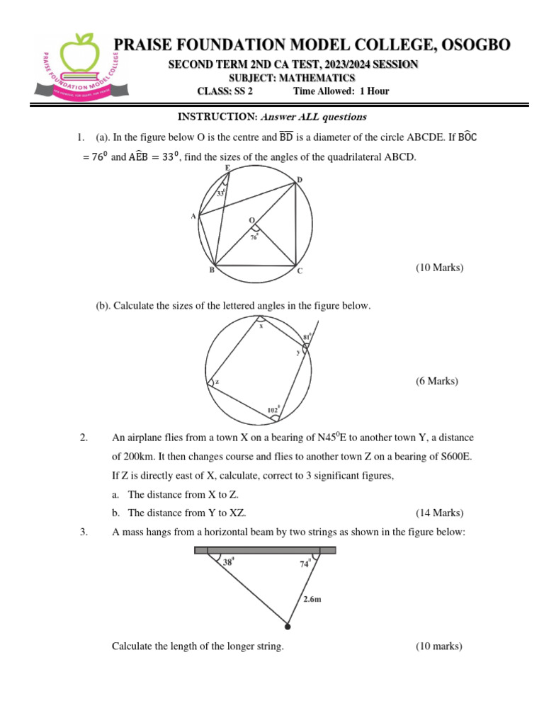 SS2 Mathematics Test 2023/2024 | PDF