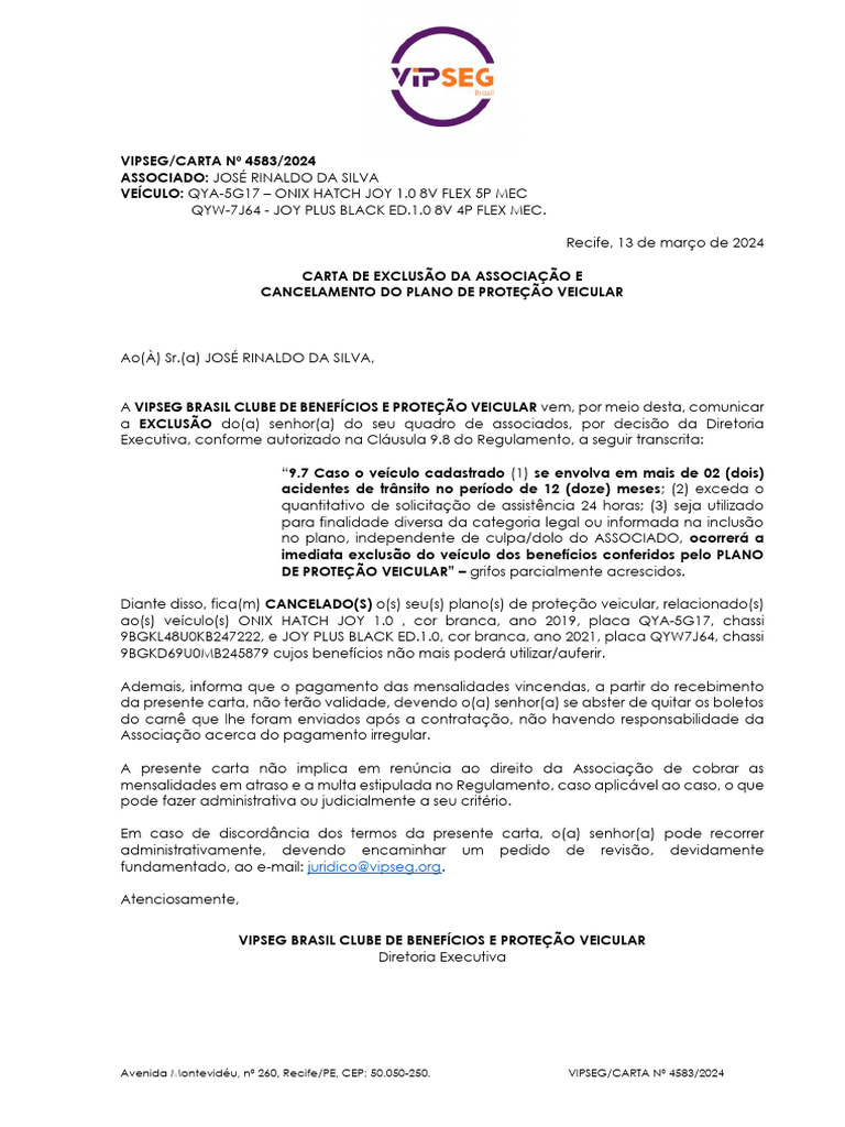 CARTA DE EXCLUSÃO E CANCELAMENTO DA PROTEÇÃO - JOSÉ RINALDO DA SILVA ...