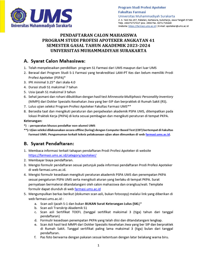 Pendaftaran Apoteker UMS 2023 | PDF