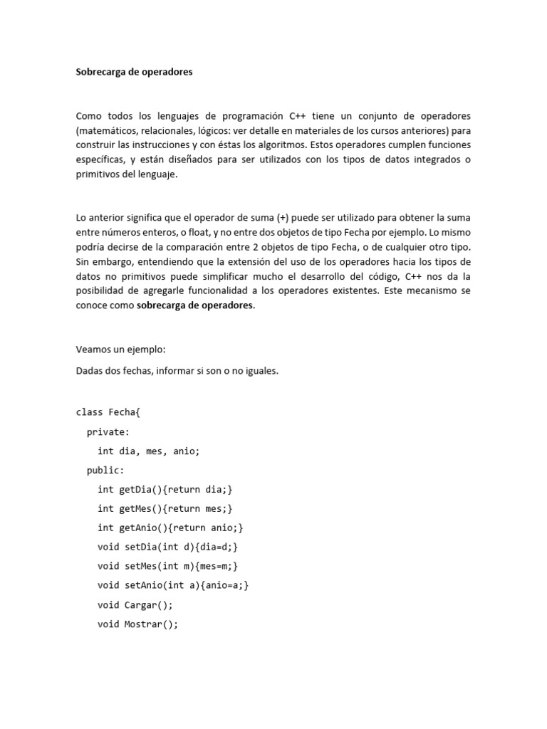 Sobrecarga de Operadores | PDF | C ++ | Objeto (informática)