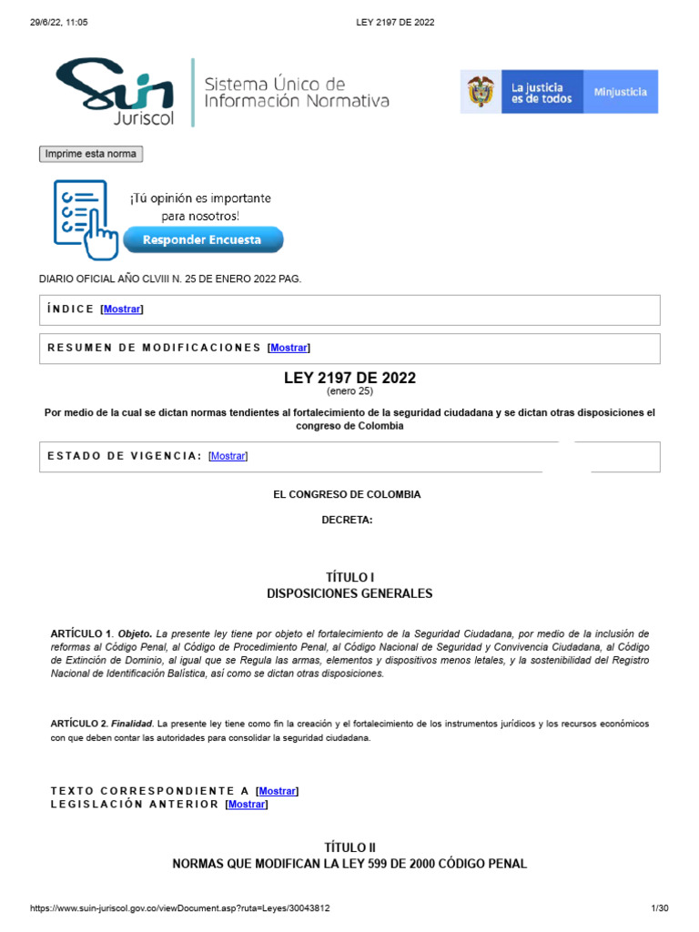 LEY 2197 de 2022 Normas Tendientes Al Fortalecimiento de La Seguridad ...