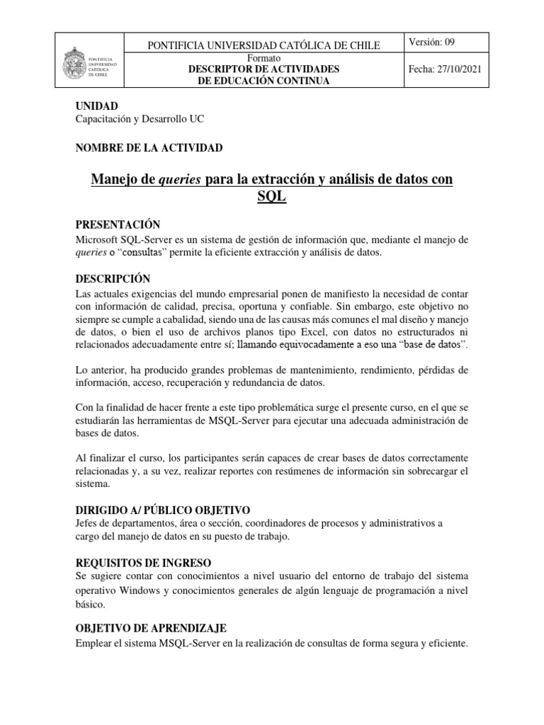 Manejo de Queries para La Extracción y Análisis de Datos Con SQL | PDF | SQL | Bases de datos