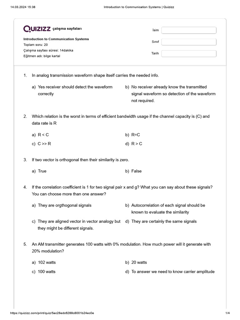 Communication Systems Quiz Questions | PDF | Modulation | Wireless