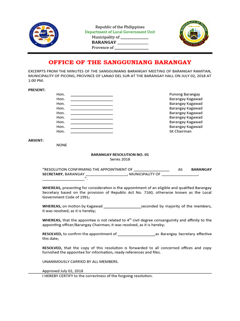 Appointment Resolution for Barangay Secretary | PDF | Government | Philippines