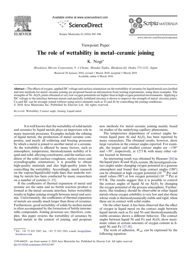 Nogi - 2010 - The Role of Wettability in Metal-Ceramic Joining | PDF ...