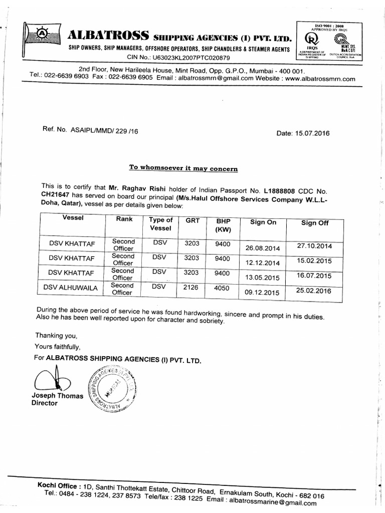 AMSA Sea Service Letter Format | PDF