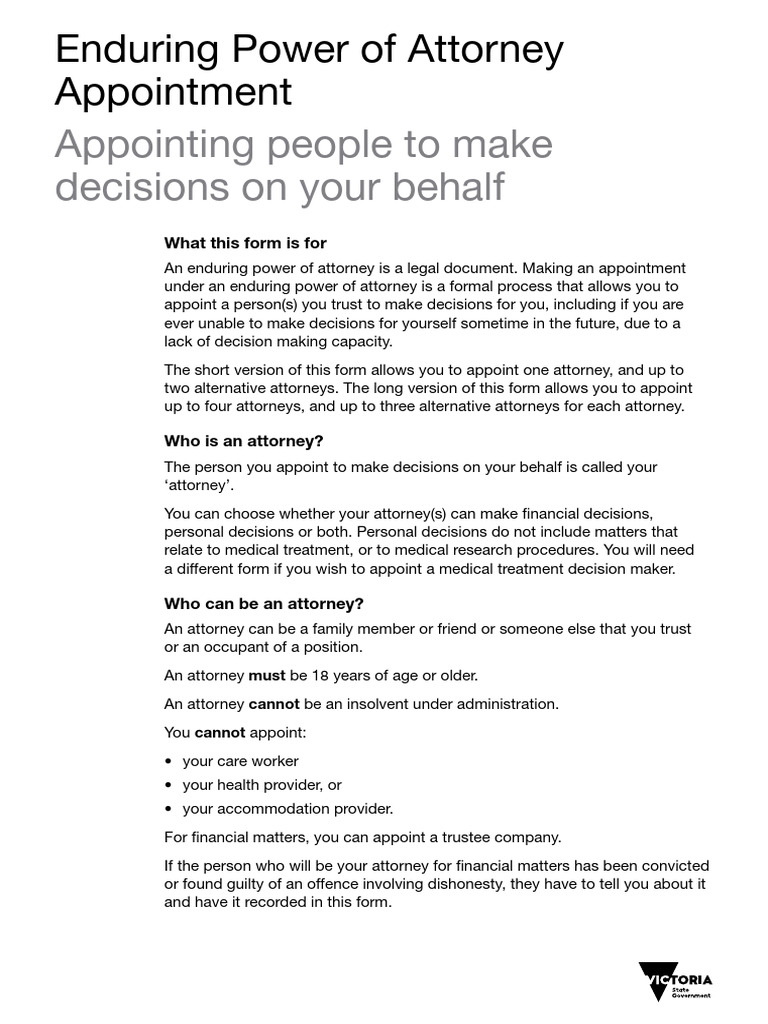 EPOA Appointment Form - Short Version | PDF | Power Of Attorney | Legal ...