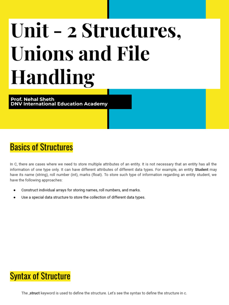 CCCS - 206 Unit - 2 Structures, Unions and File Handling | PDF | C (Programming Language ...