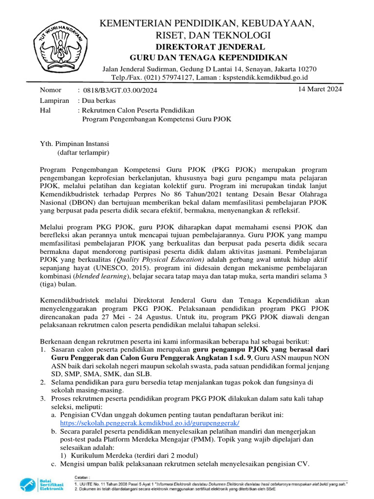 Rekrutmen Program PKG PJOK 2024 | PDF | Karier & Perkembangan | Bisnis