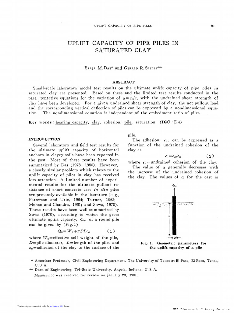 Das Seely (1985) Uplift Capacity of Pipe Piles in Saturated Clay | PDF | Deep Foundation | Soil ...