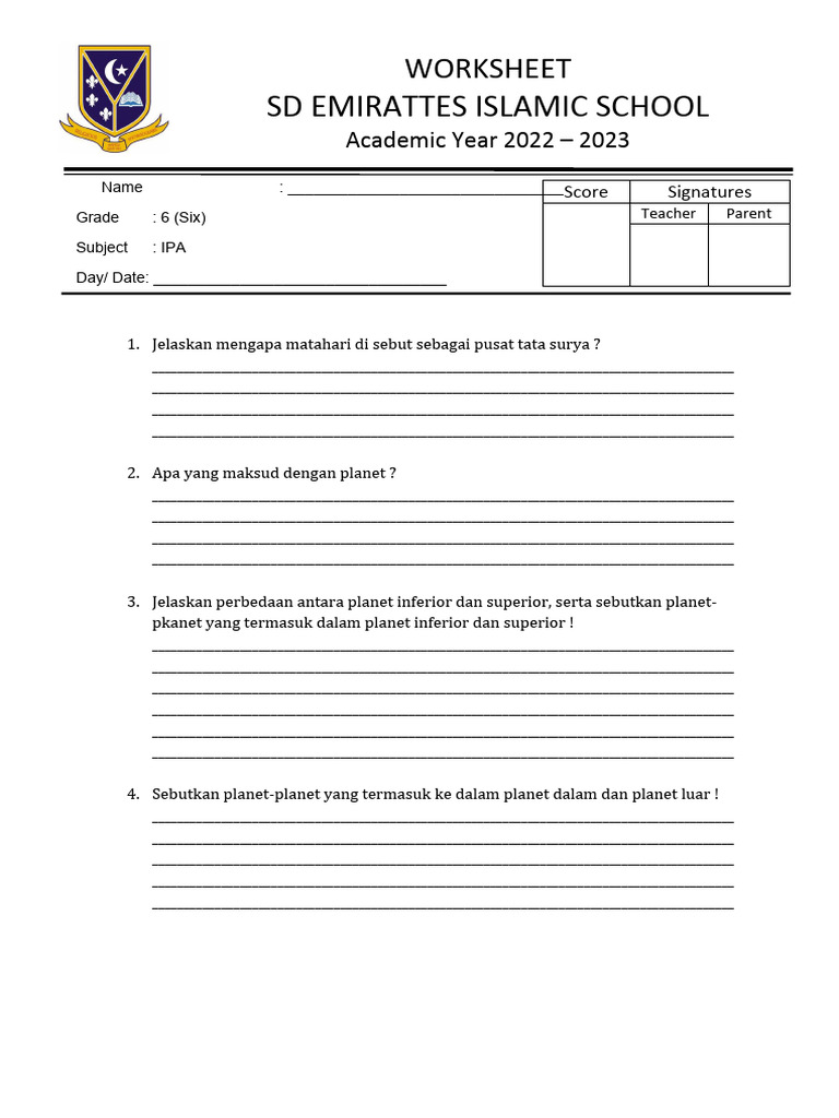 Worksheet Ipa Tata Surya Pdf
