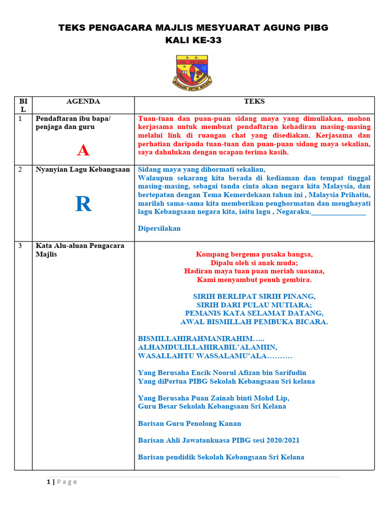 Teks Emcee Mesyuarat Pibg 2021 | PDF