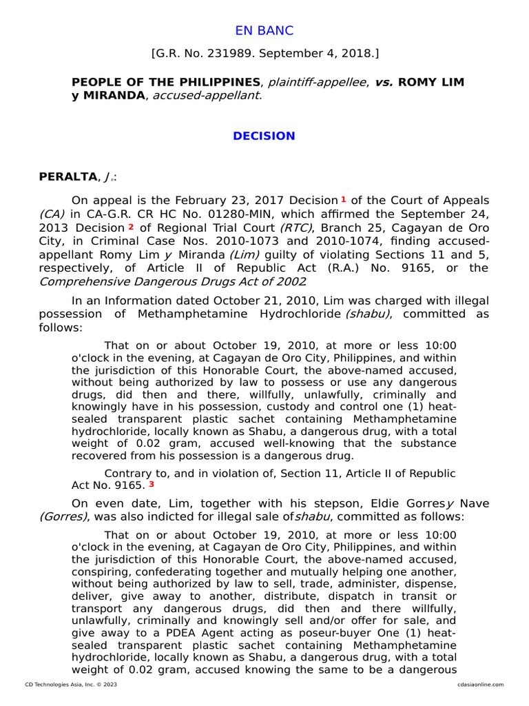 People v. Romy Lim, G.R. No. 231989 (September, 2018) | PDF | Burden Of Proof (Law) | Reasonable ...