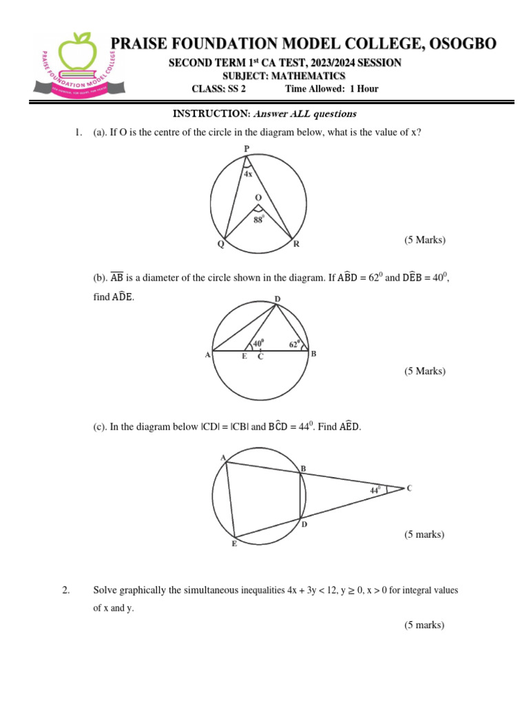2nd Term First CA Test Maths SS2 | PDF