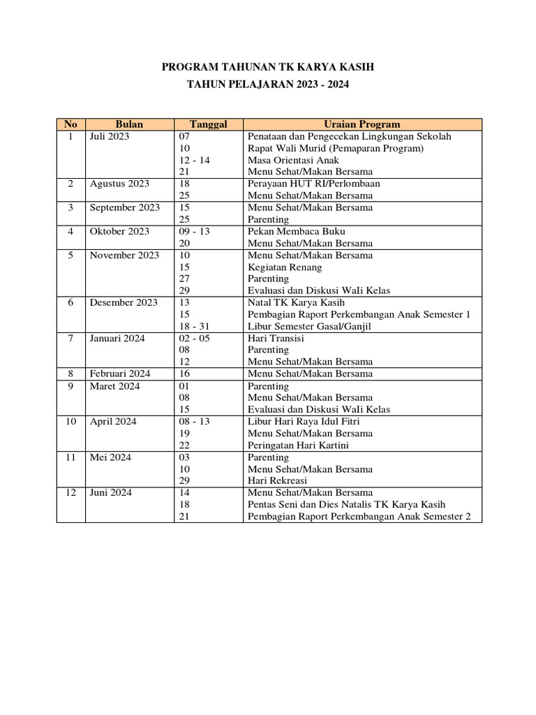 Program Tahunan TK Karya Kasih 2023 - 2024 | PDF