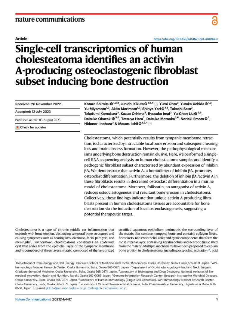 Single-Cell Transcriptomics of Human Cholesteatoma Identi Fies An ...