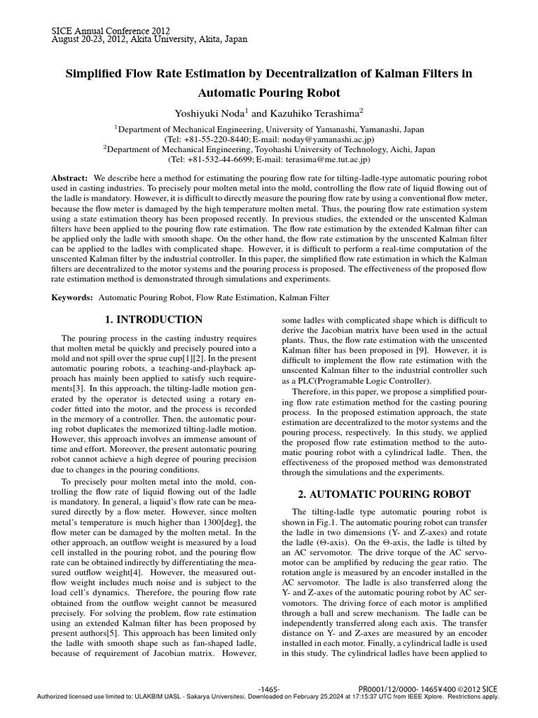 Simplified Flow Rate Estimation by Decentralization of Kalman Filters in Automatic Pouring Robot ...