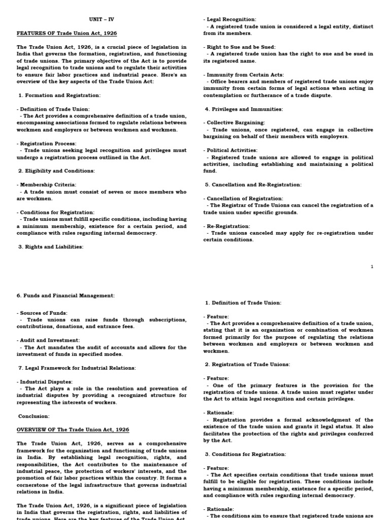 Key Features of Trade Union Act 1926 | PDF | Welfare | Employment