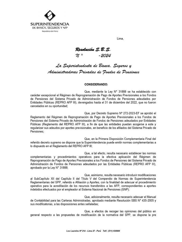 Resolución S.B.S. N ° - 2024 La Superintendenta de Banca, Seguros y Administradoras Privadas de ...