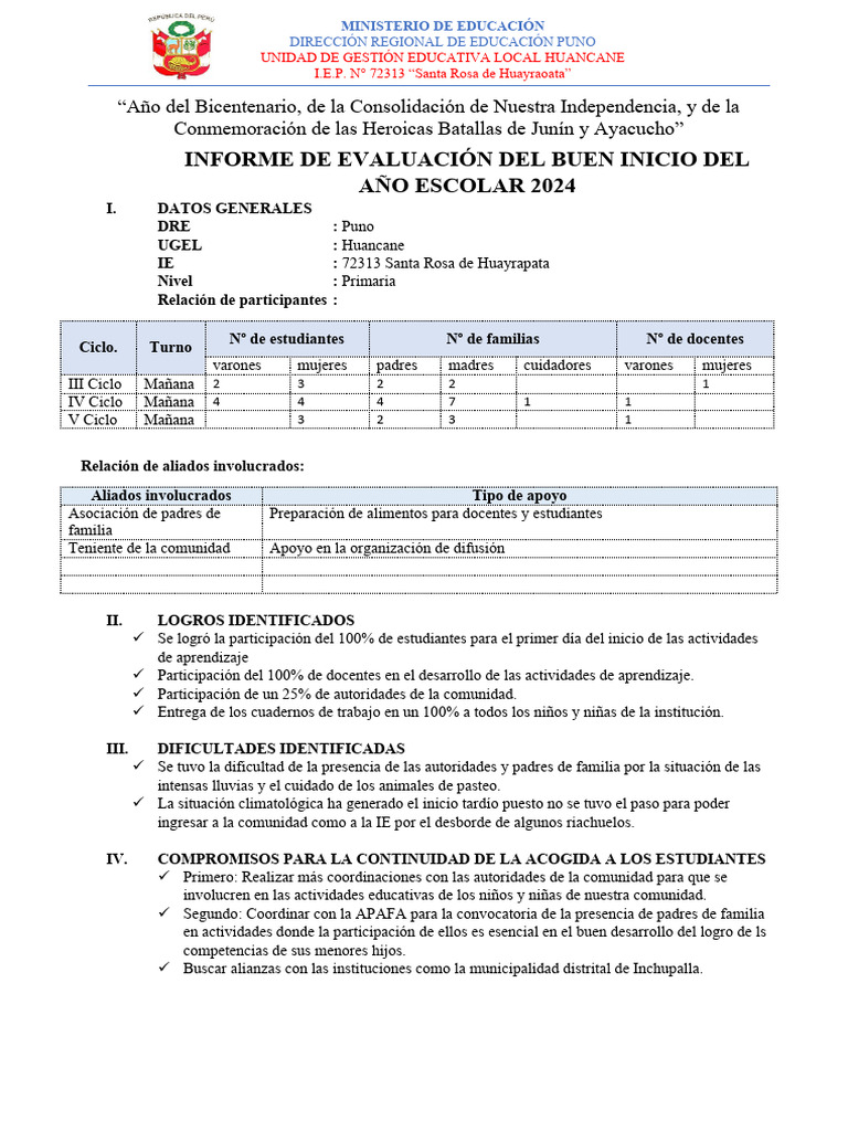 Plan E Informe Buen Inicio Del Ano Escolar 2024 1 Pdf