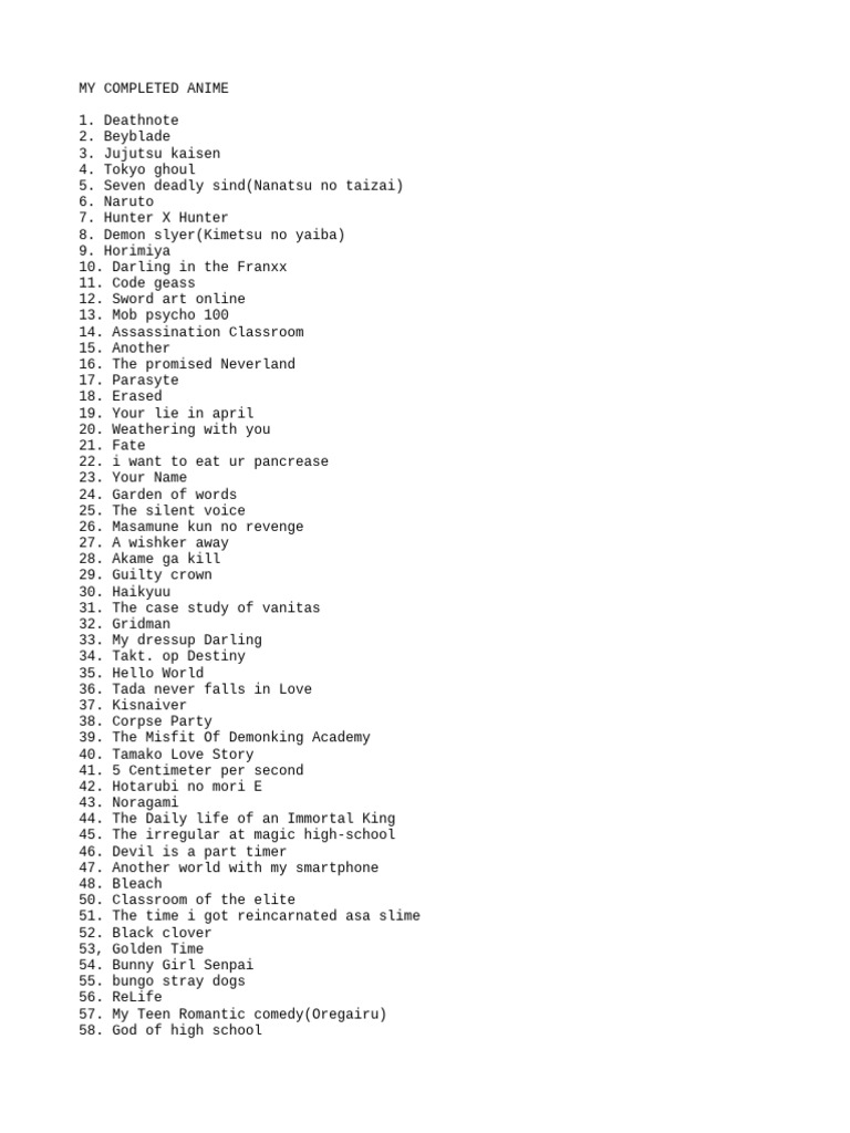 MY COMPLETED ANIME | PDF