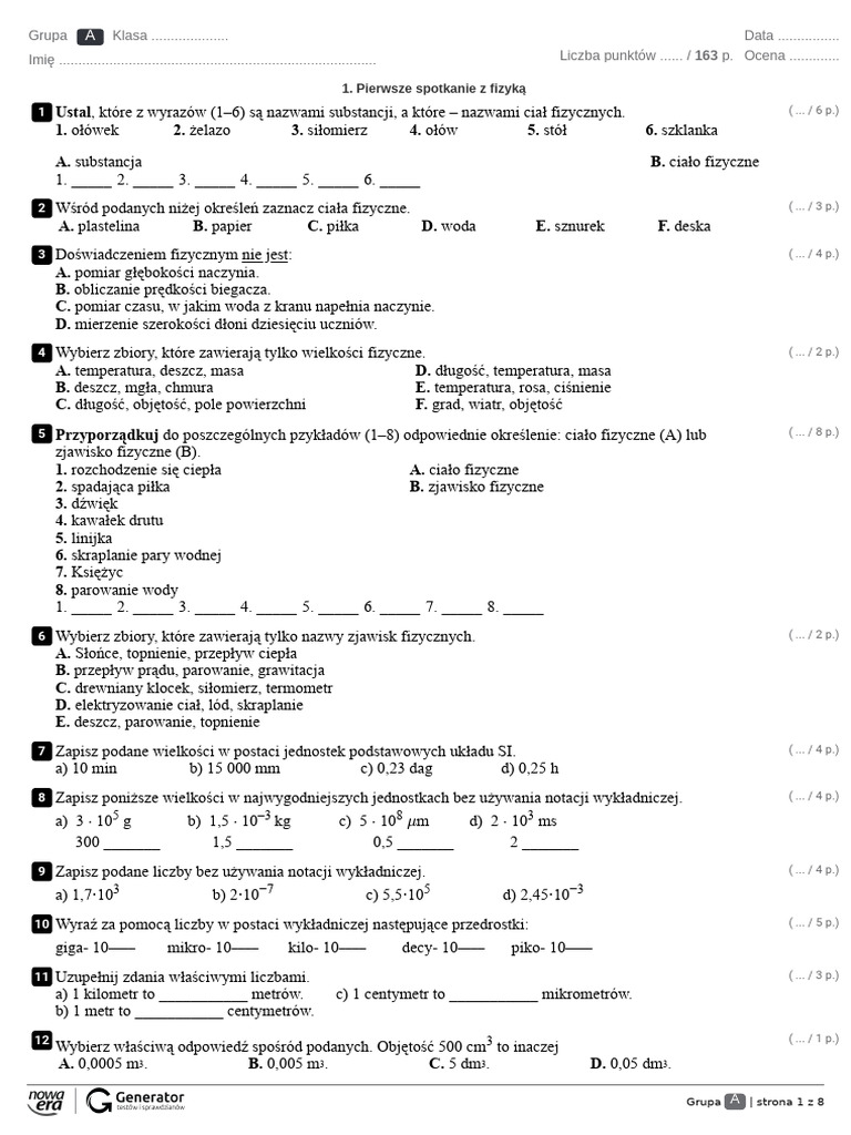 Pierwsze Spotkanie Z Fizyką Test Klasa 7 | PDF