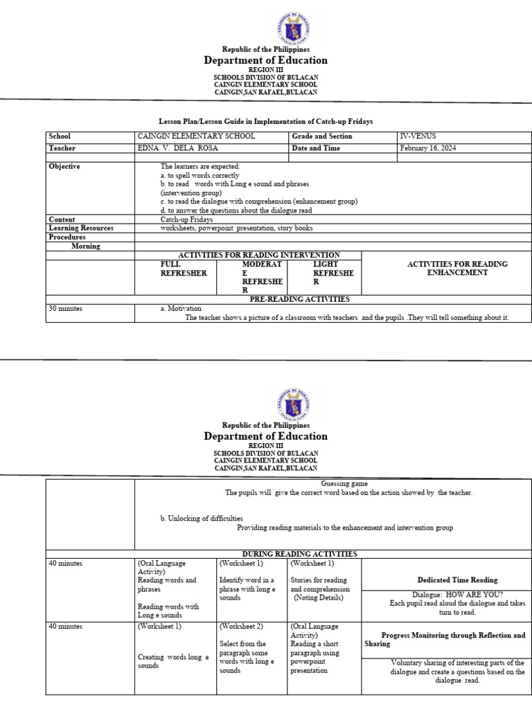 Grade 4 Catch-Up Friday Lesson Plan | PDF | Learning | Teaching
