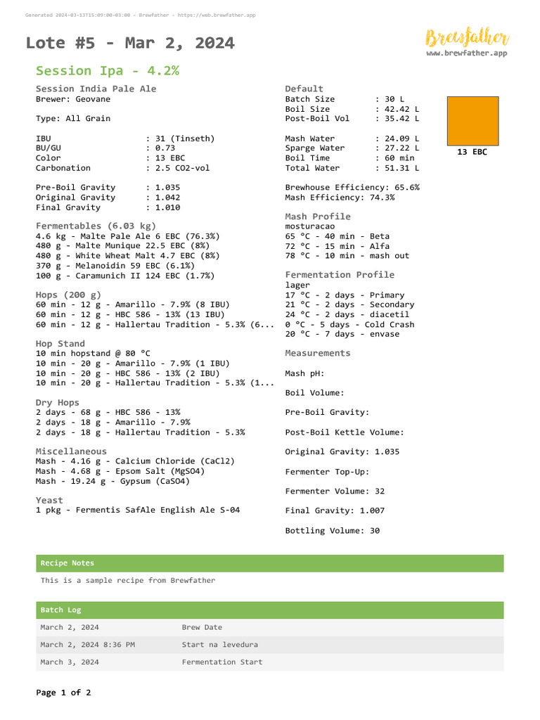 Session IPA Recipe - Brewfather Lote #5 | PDF | Brewing | Fermented Foods