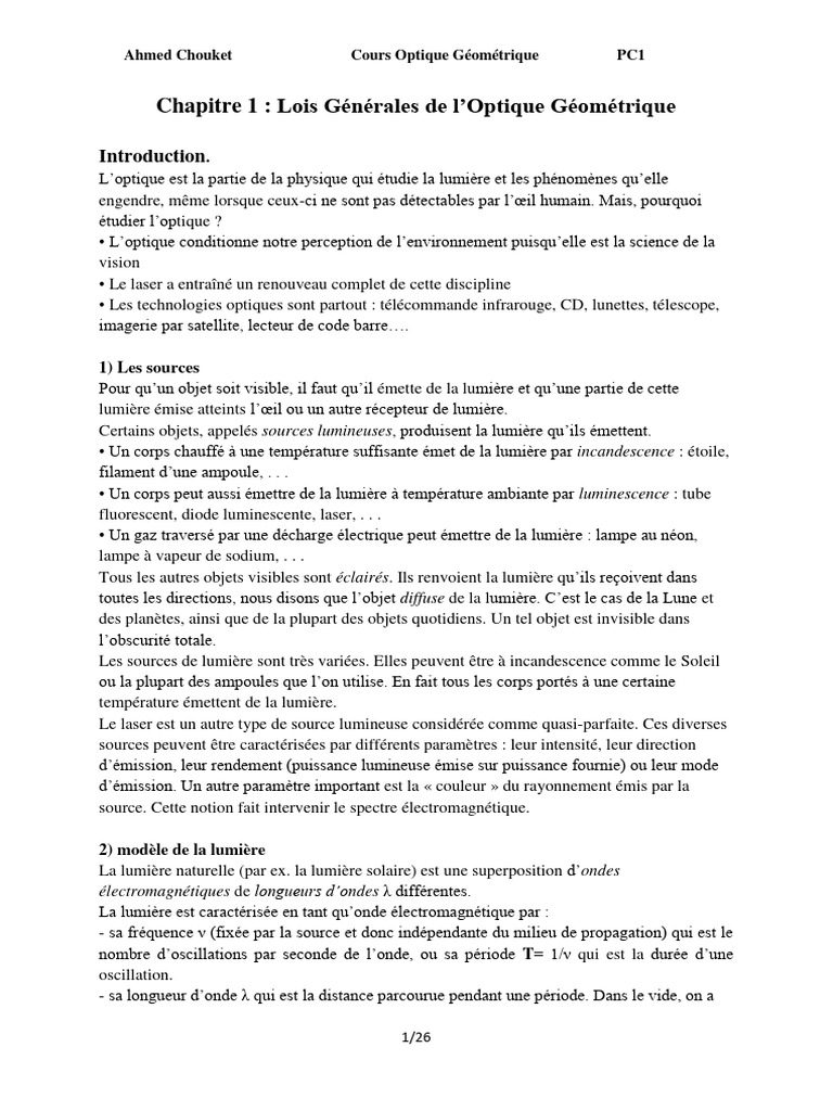 Cours d'Optique Géométrique | PDF | Réfraction | Indice de réfraction