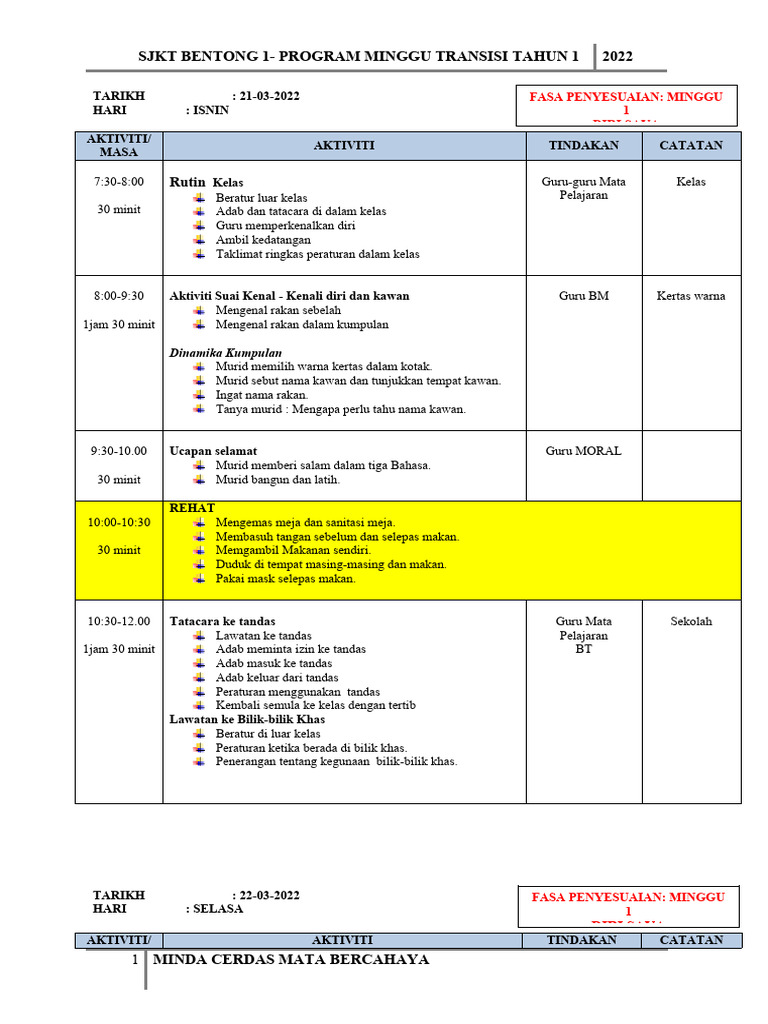 Contoh Jadual Program Transisi 2022 | PDF