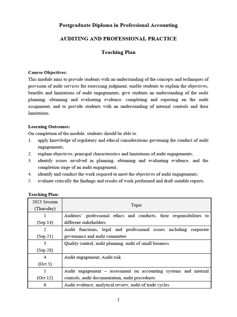 APP - Teaching plan (Sep2023)_c177b8eddd1eef2c27dd233cf8a08933 | PDF | Audit | Business
