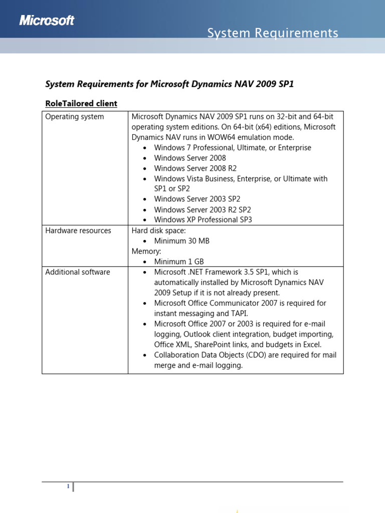 Microsoft Dynamics NAV 2009 SP1 Requirements | PDF | Microsoft Windows ...