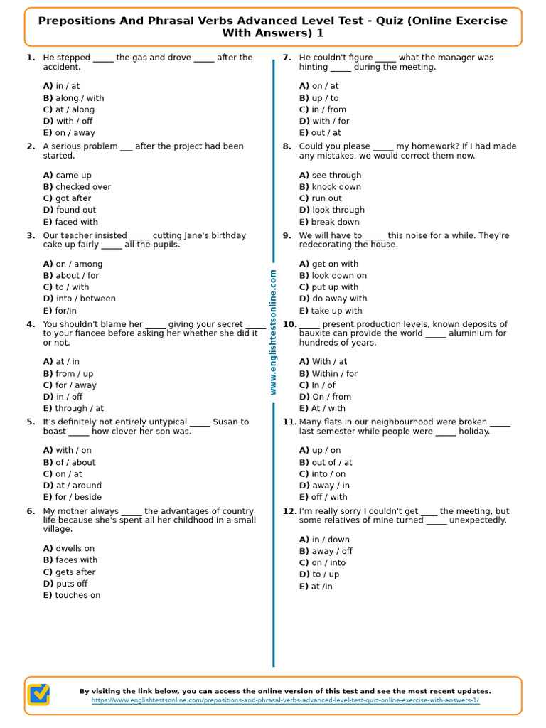 Advanced Prepositions and Phrasal Verbs Quiz | PDF